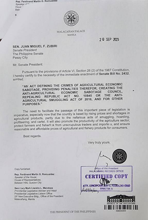Marcos certifies agricultural economic sabotage bill as urgent - Popbits